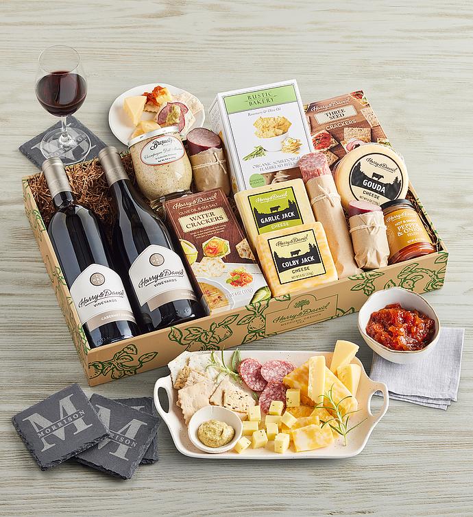Meat, Cheese, and Wine Gift Box with Personalized Slate Coaster Set